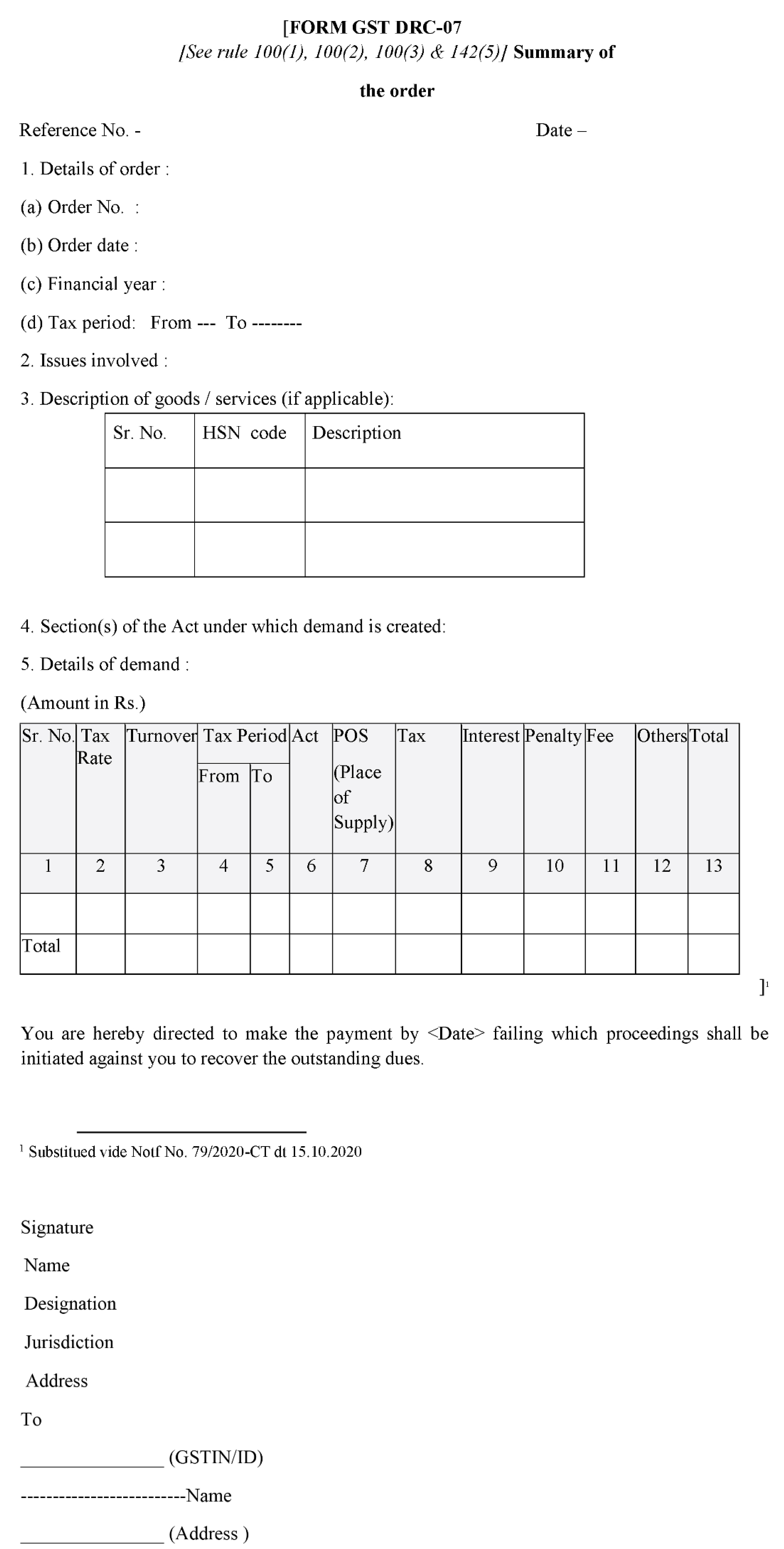 Form DRC 07 In GST Summary Of Order