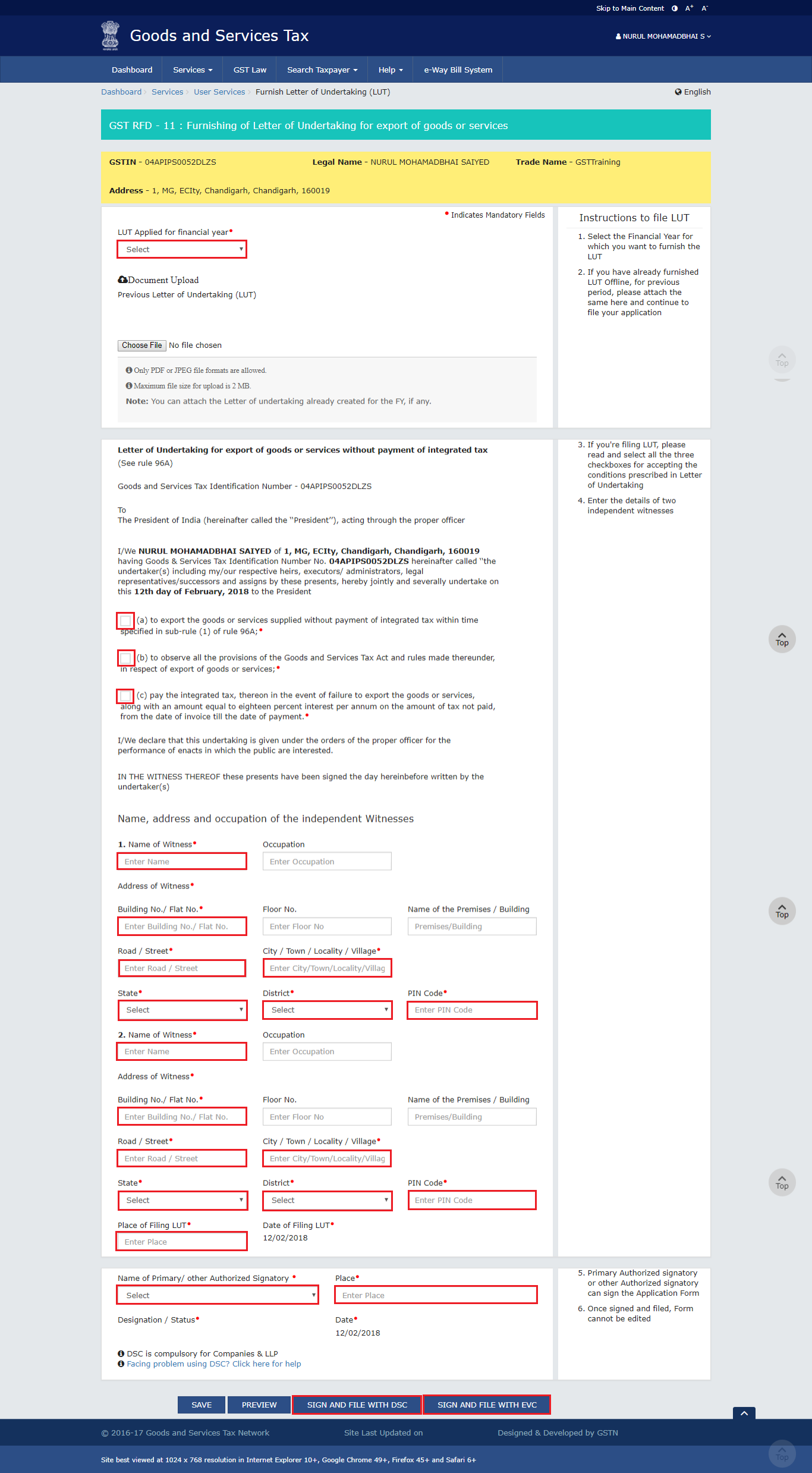How to furnish or file LUT in RFD-11 form on GST Portal /GSTN