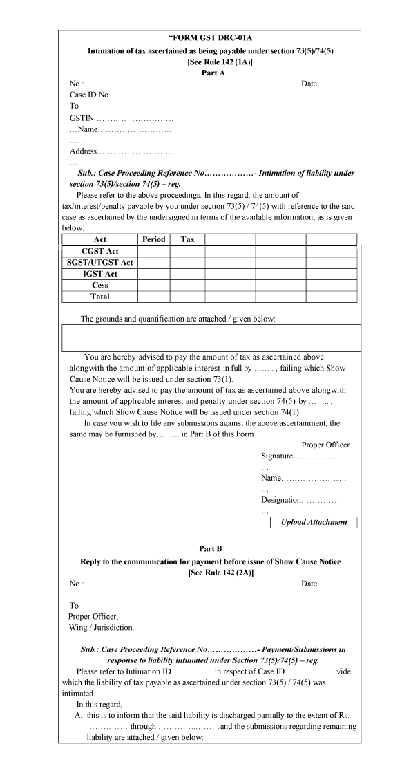 FORM GST DRC-01A: Intimation of Tax Ascertained Payable